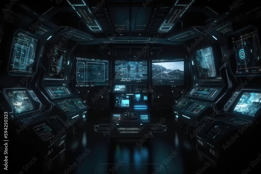 Dark sci-fi spaceship interior with button, monitor and display design ...