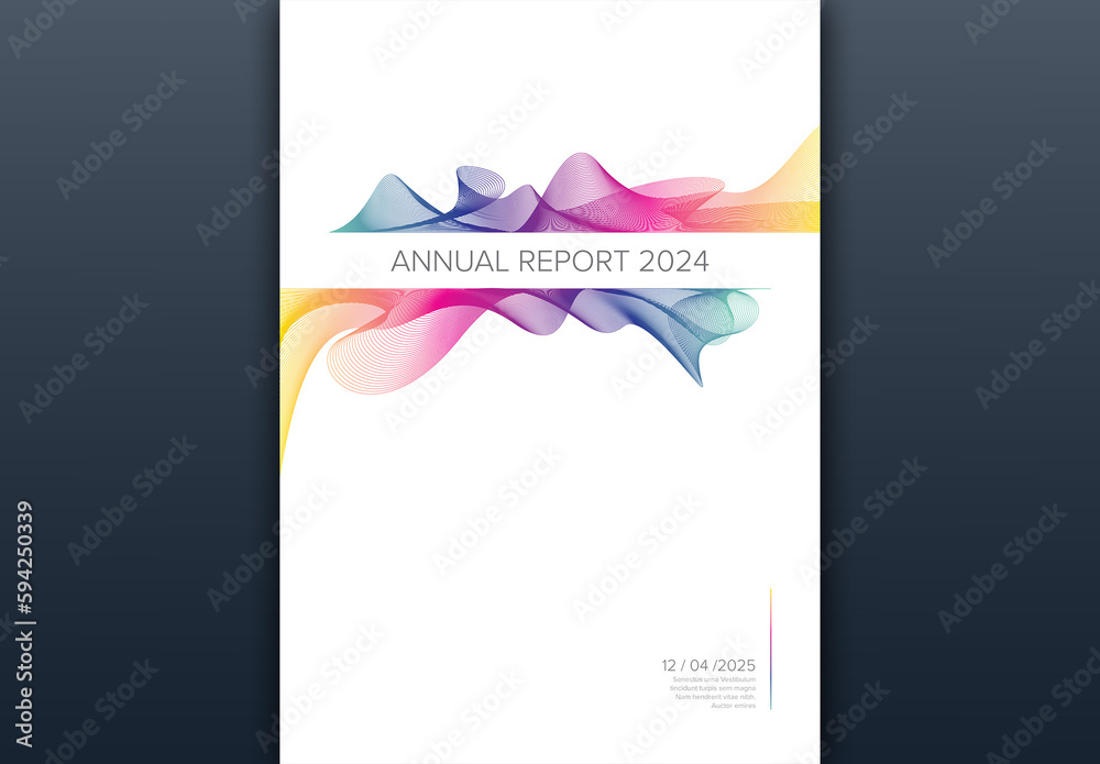 White annual report front cover page template with rainbow curved ...