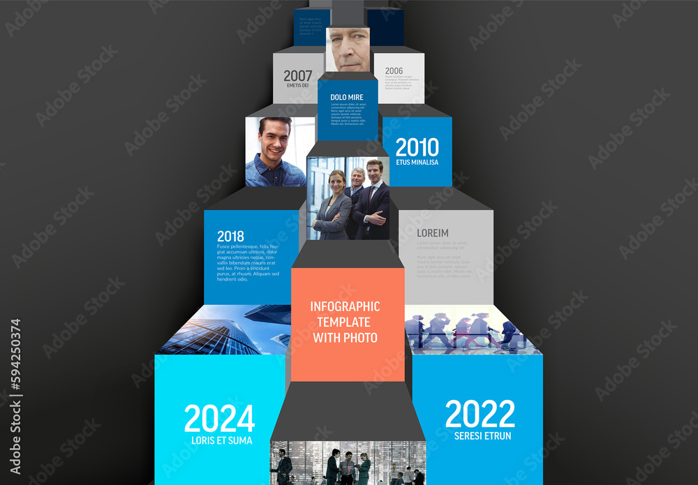 Vector 3D vertical cubes infographic template with photo placeholders ...