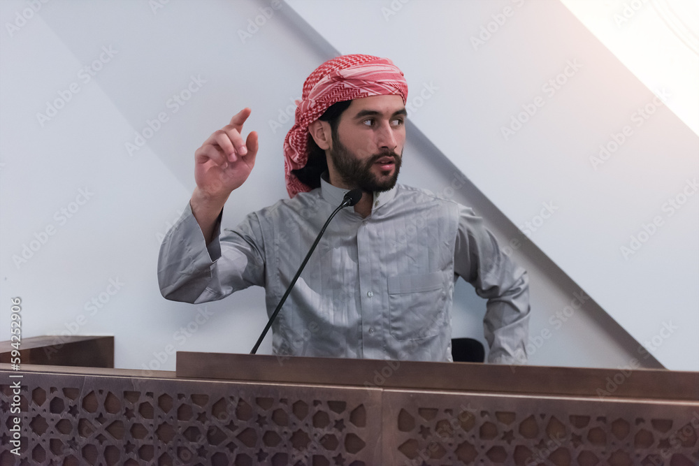 Muslim leader or imam speech sharing about islam during prayer time in ...