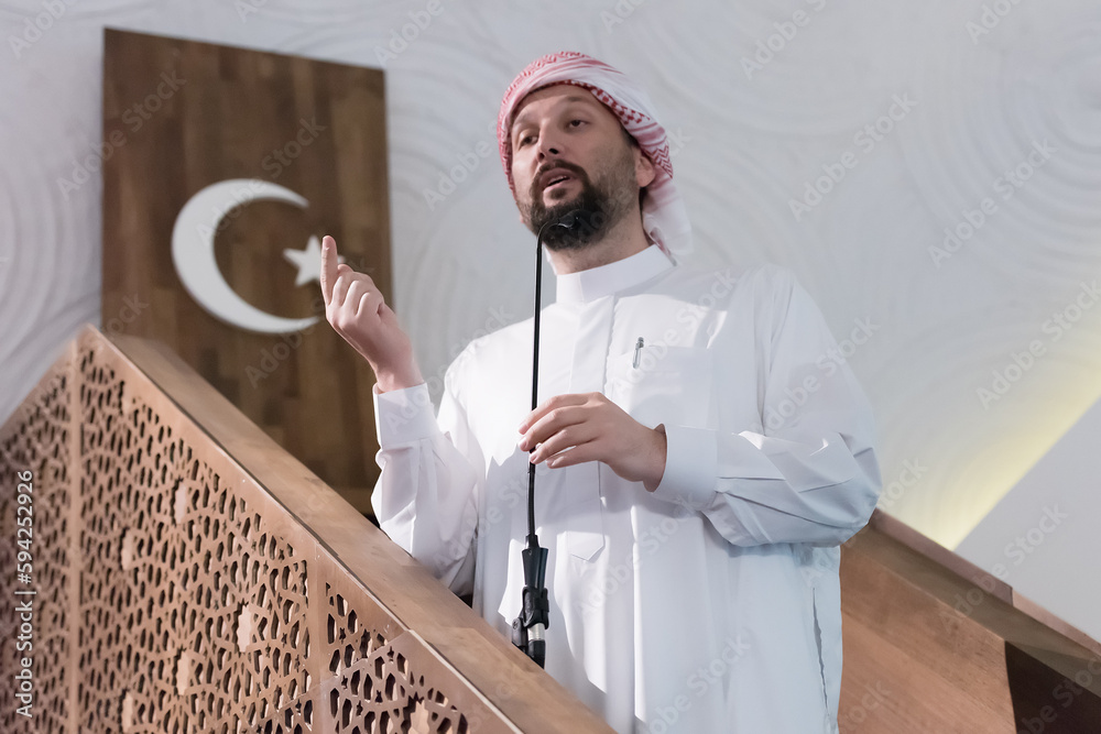Muslim leader or imam speech sharing about islam during prayer time in ...