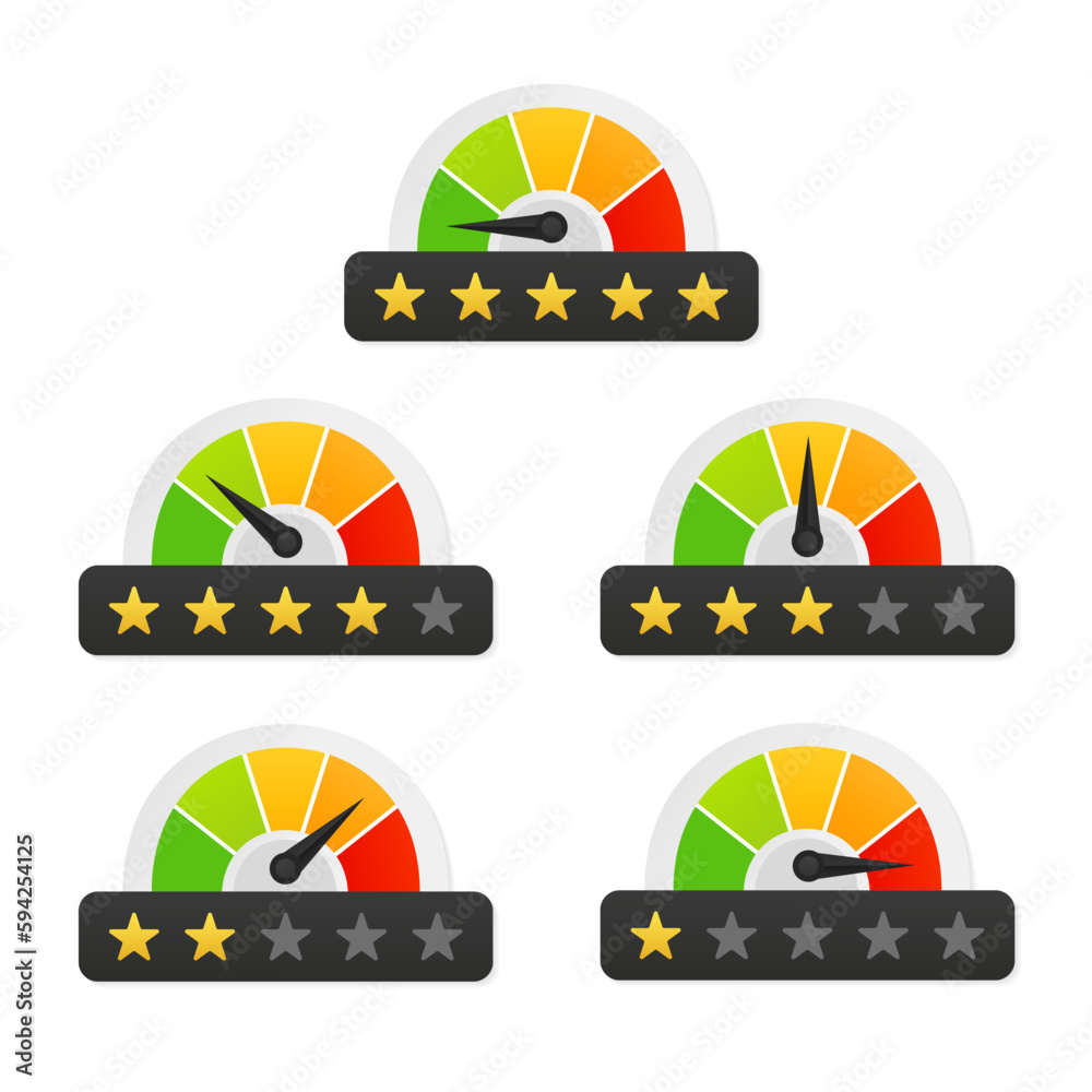 Speedometer Gauge Meter Icons With Stars Scales Level Of Performance Speed Dial Indicator