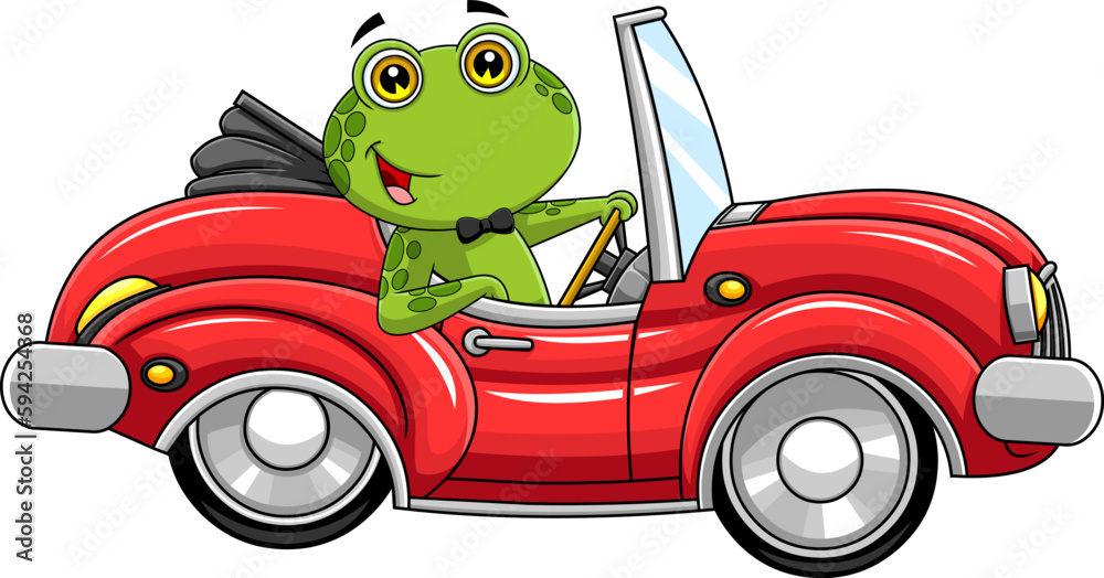 Cute Green Frog Cartoon Character Drives A Red Sports Car. Vector Hand ...