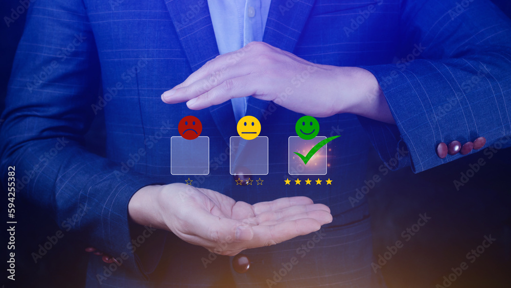 Businessman choosing happy smile face icon. feedback rating and ...