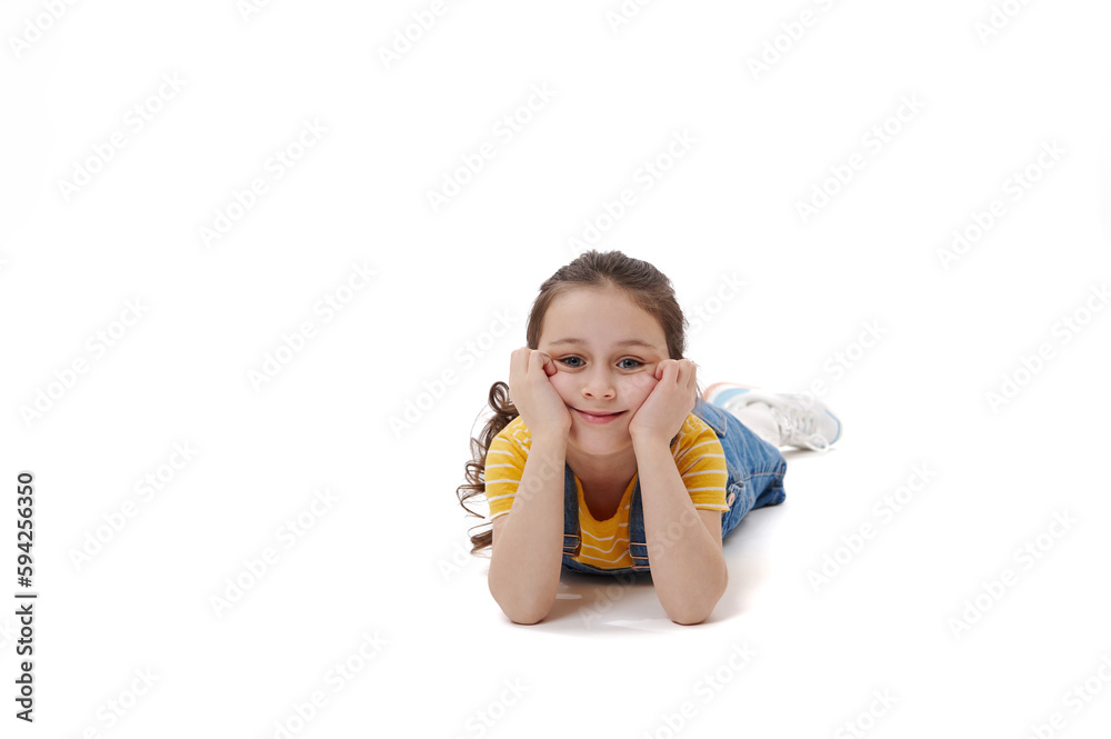 Caucasian adorable lovely 5-6 years old child, little girl in yellow t ...