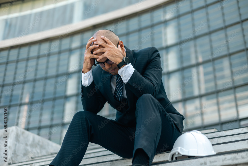 Depressed fail Businessman manager owner real estate. Sitting at stair ...