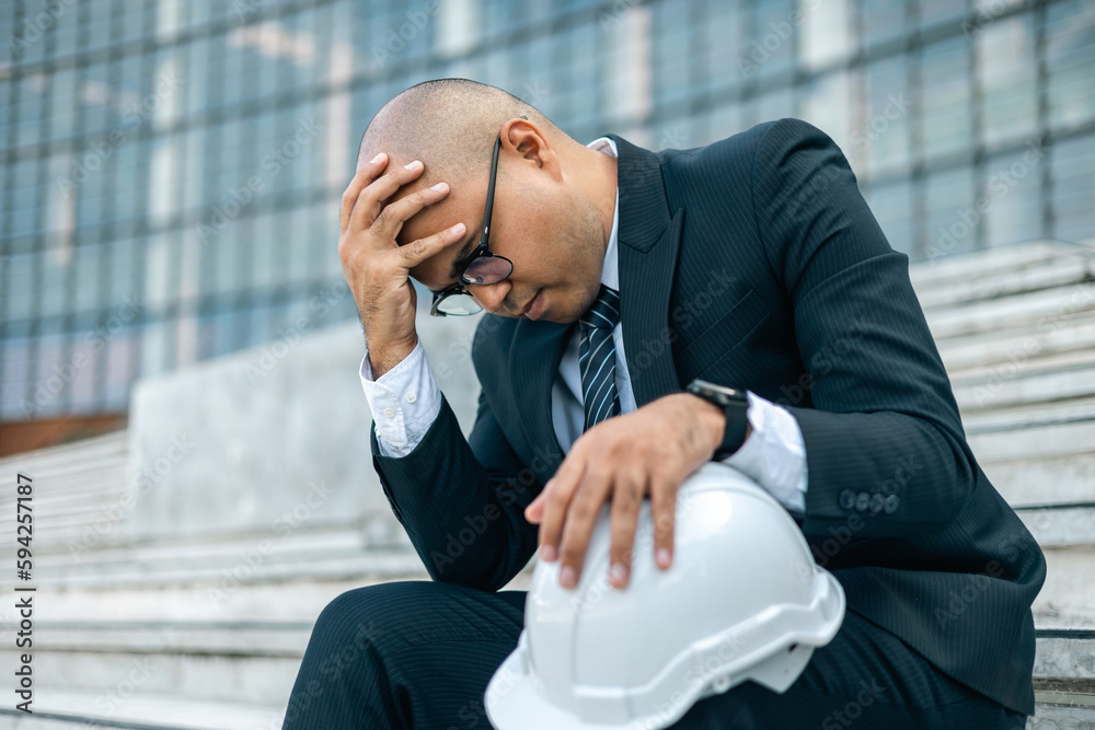 Depressed fail Businessman manager owner real estate. Sitting at stair office building. Stressed ...