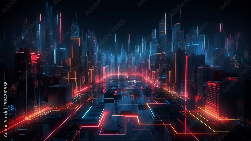 Abstract neon city at night with red blue glowing lights, background ...