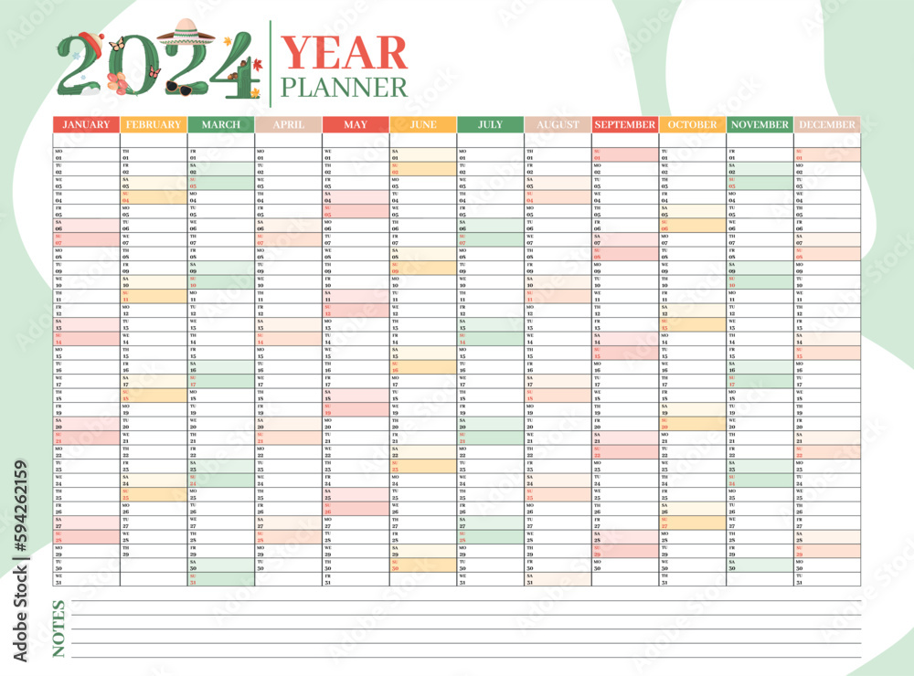 2024 yearly planner or organizer design template with cactus numbers of ...