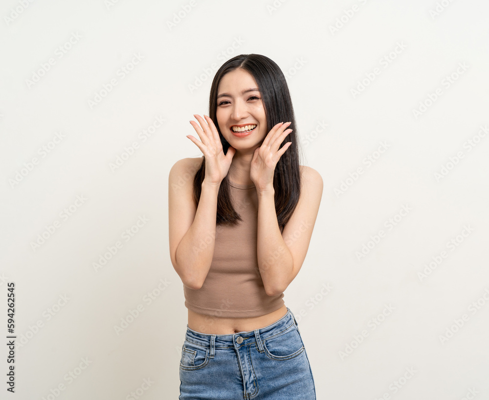 Happy beautiful asian woman with copy space. Excited pretty girl shout ...