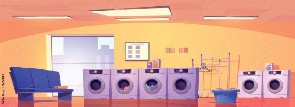 Industrial clean laundry room service cartoon vector background. Clean ...