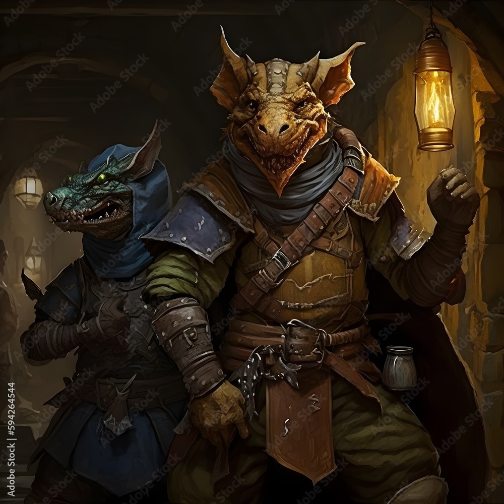fighting dragonborn fantasy kobolds wearing clothes underground city ...