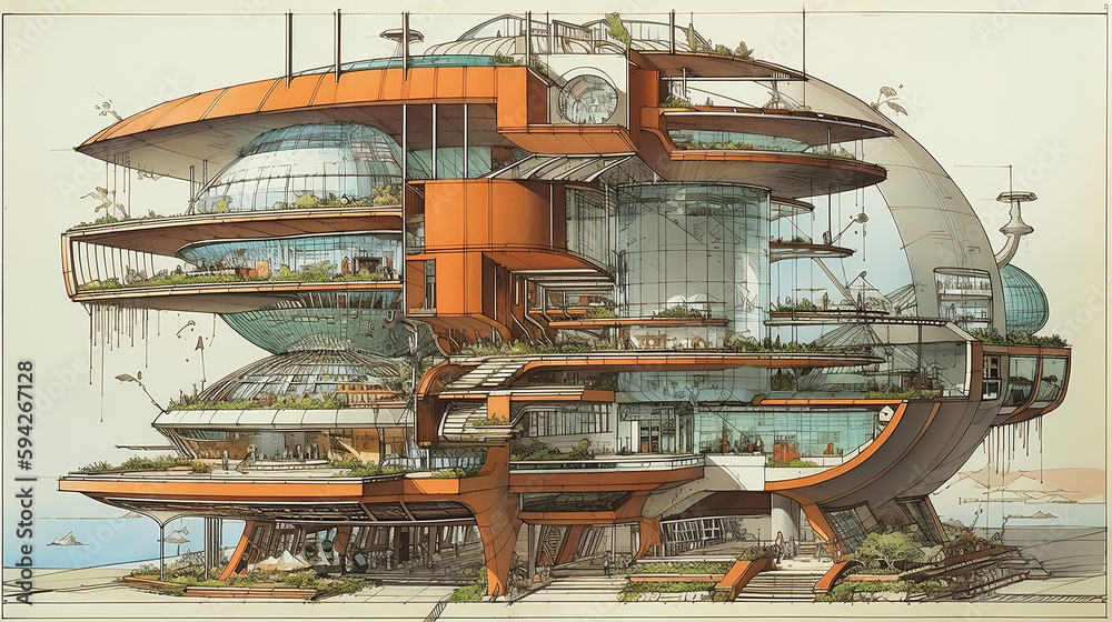 Drawing futuristic, architectural design drawing. Generative AI. Stock ...