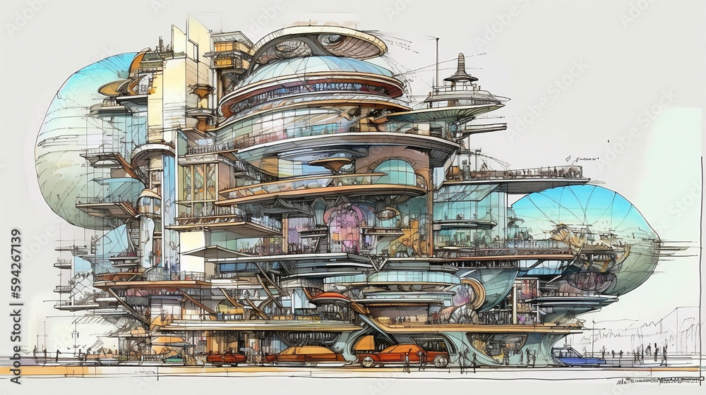 Drawing futuristic, architectural design drawing. Generative AI. Stock ...