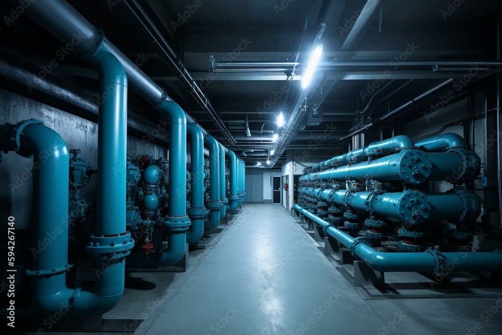 pipes and valves.Industrial water condenser pump and HVAC air ...