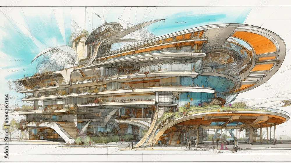 Drawing futuristic, architectural design drawing. Generative AI. Stock ...