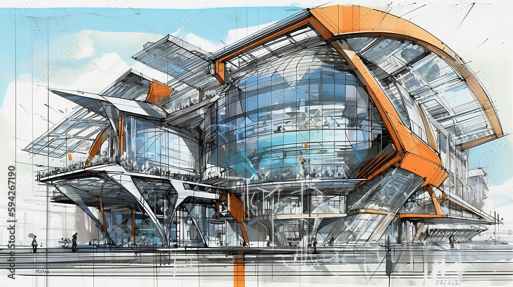 Drawing futuristic, architectural design drawing. Generative AI. Stock ...