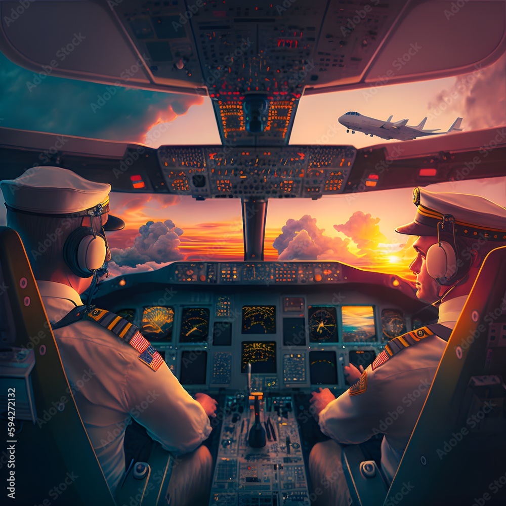 a bald pilot sitting in the cockpit of a large passenger jet along with ...