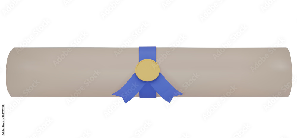 Diploma, close up of paper scroll with blue ribbon isolated on white ...