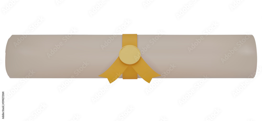 Diploma, close up of paper scroll with yellow ribbon isolated on white ...
