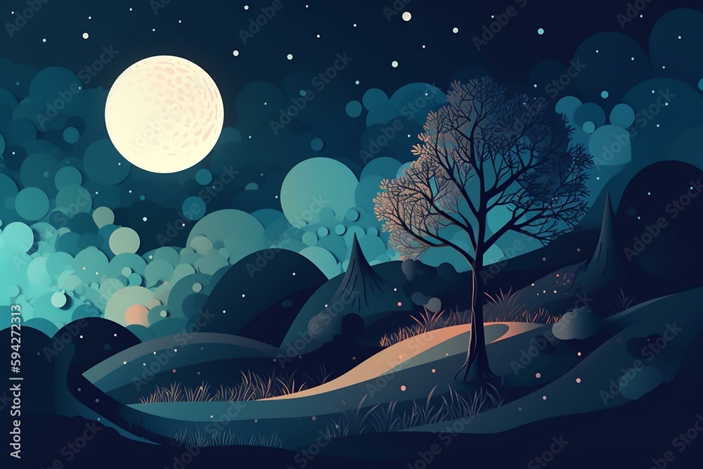 Cartoon depiction of a night landscape with a hill, a tree, and the ...