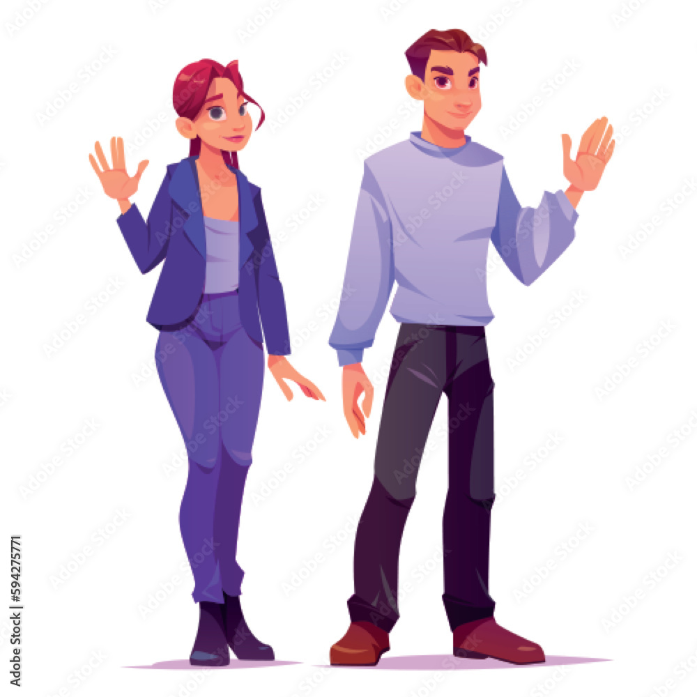 Waving hand welcome people vector illustration. Young man and woman say ...