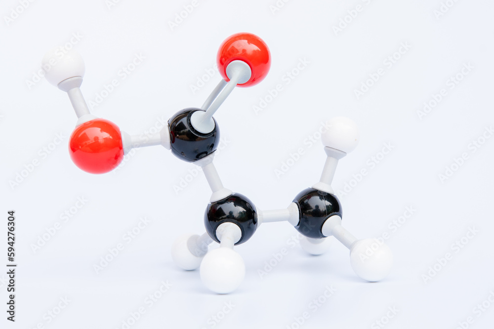 Propanoic acid molecular structure isolated on white background. Chemical formula is C3H6O2 ...