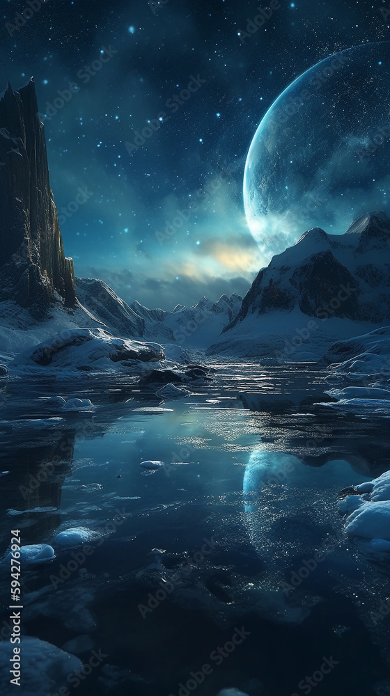 Broken Night Sky an Enchanting Aurora over a Snowy Ice Lake Generative ...