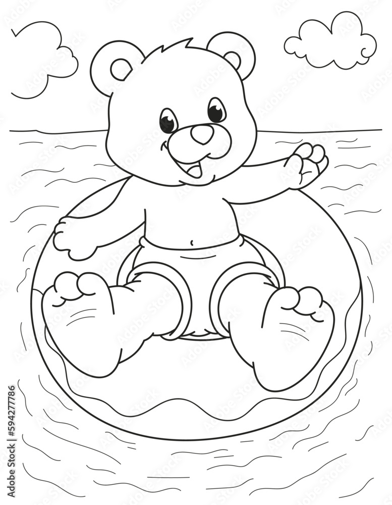 Coloring page outline of the cartoon cute bear on the sea. Colorful ...