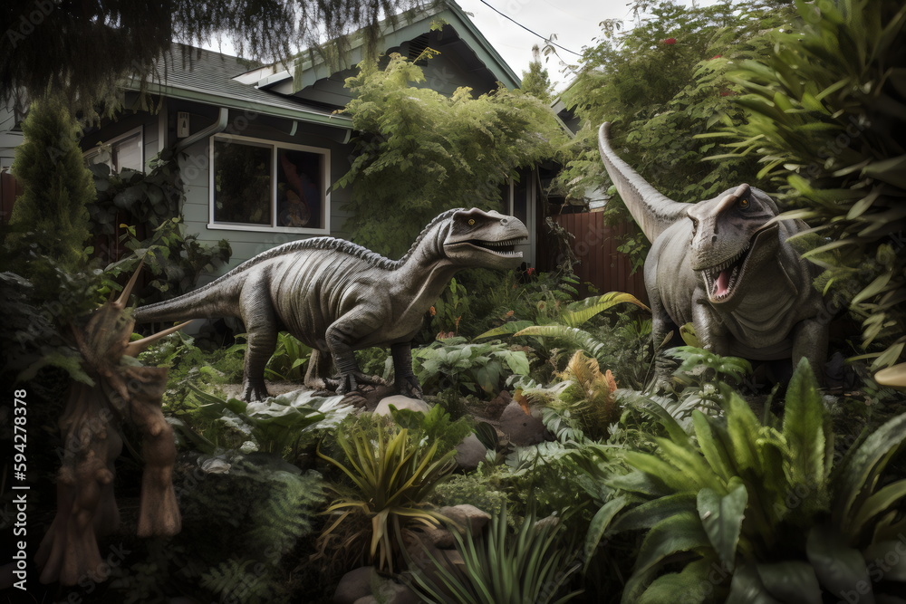 house with dinosaurs in yard, overgrown garden made with generative ai ...