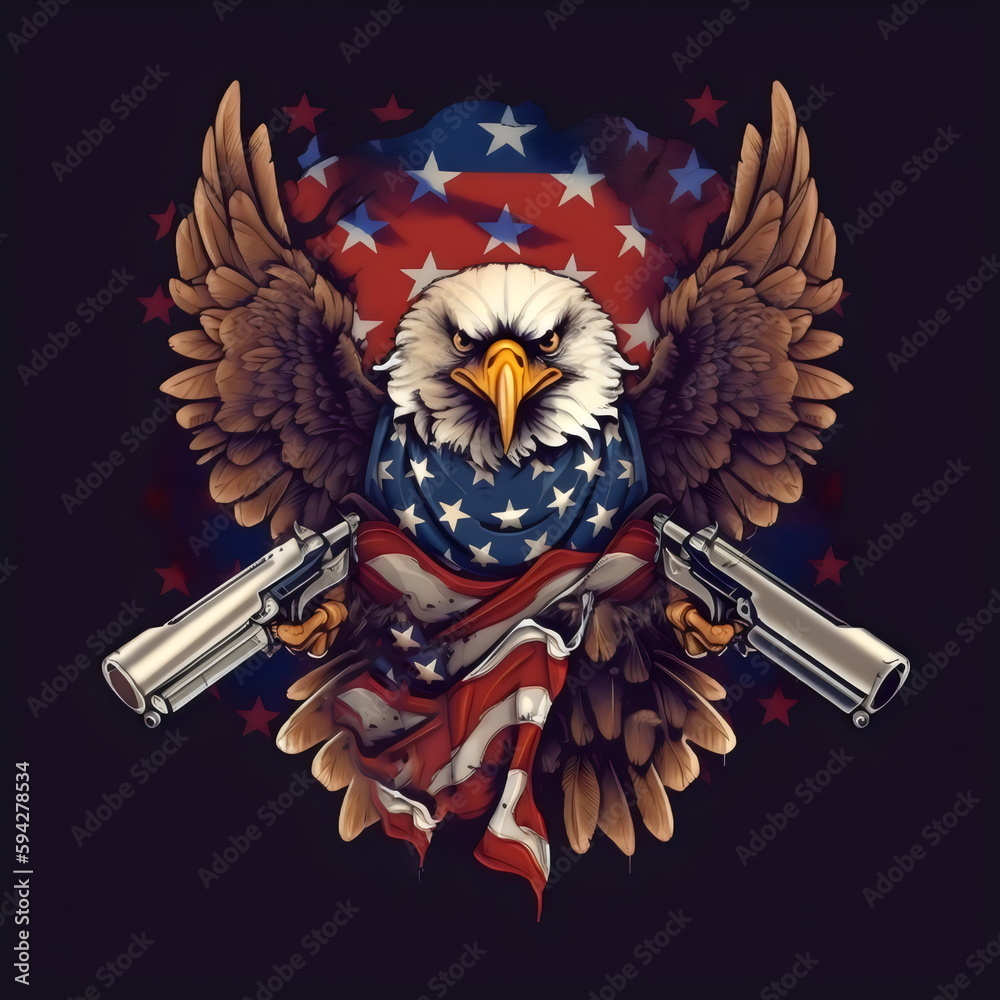 american eagle wings spread with flag and guns crest logo, usa ...