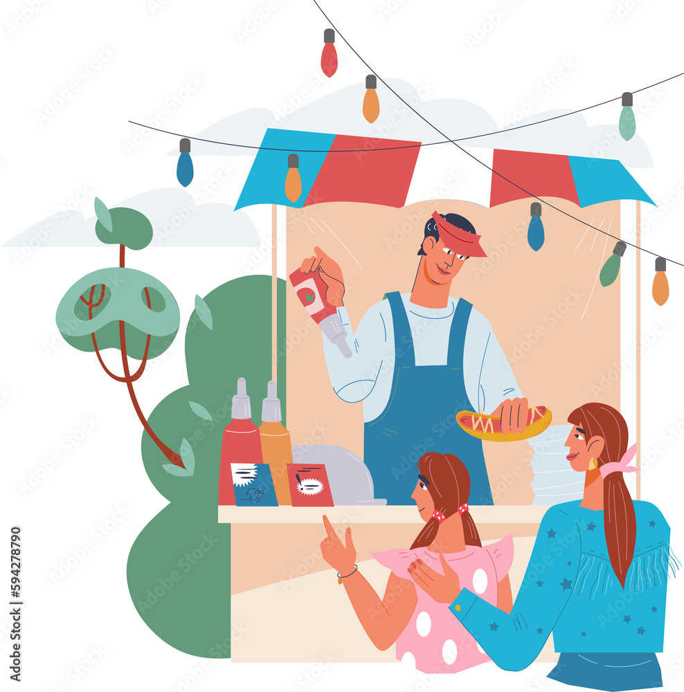 Street food festival with cartoon characters of sellers and buyers ...