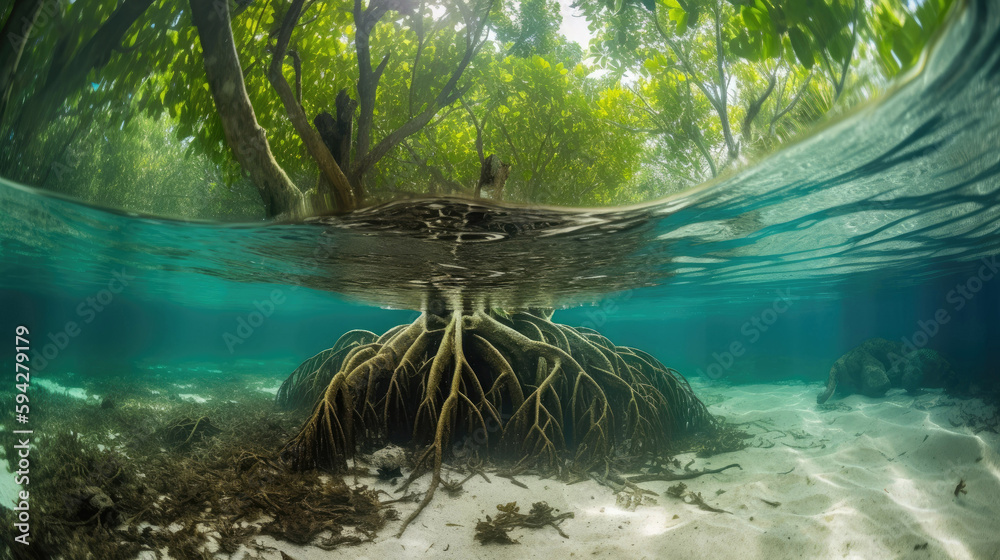 Mangrove tree and roots under water surface green foliage with ...