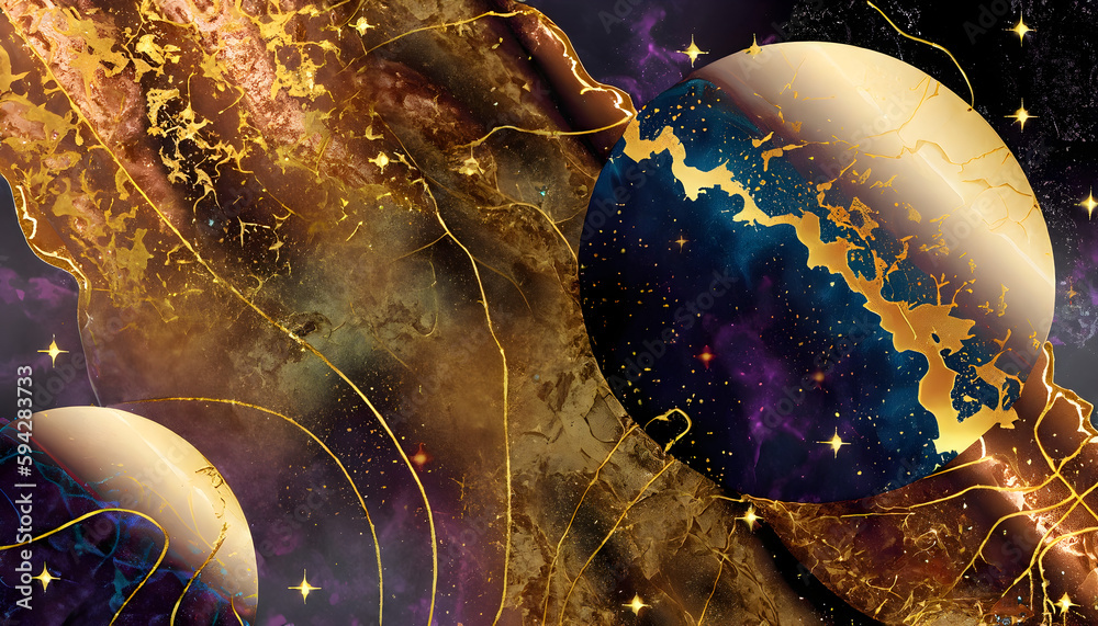 abstract cosmic background with gold metallic foil and marbled textures ...
