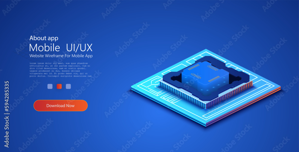 Futuristic microchip processor with lights on the blue background. Quantum computer, large data ...