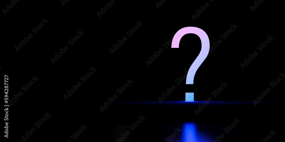 Neon question mark on black background, copy space. Banner with ...
