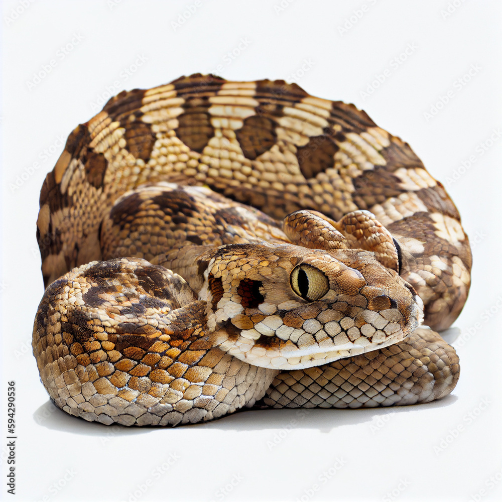 dangerous rattlesnake coiled and ready to strike on a plain white ...