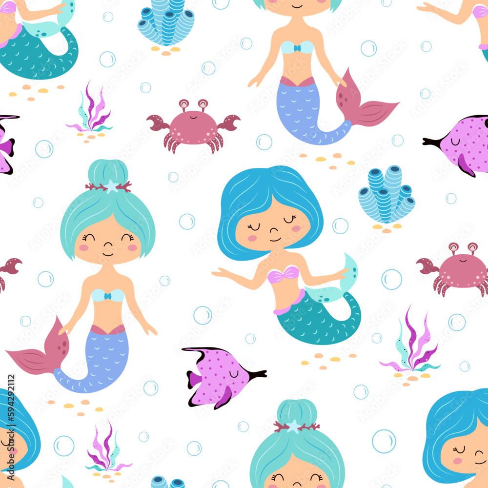 cartoon vector seamless pattern with cute mermaids Stock Vector | Adobe ...