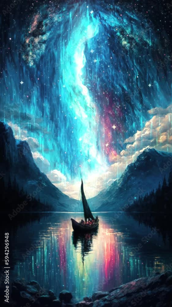 Aurora borealis phone background with mountains, boat and beautiful sky ...