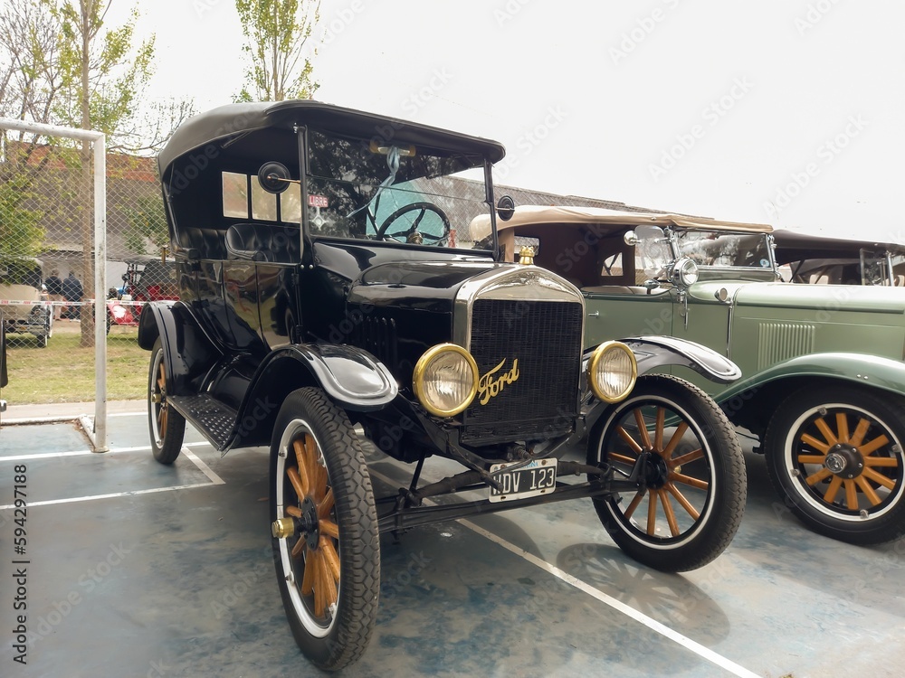 Vintage black 1910s 1920s Ford Model T taxi cab double phaeton. AAA ...