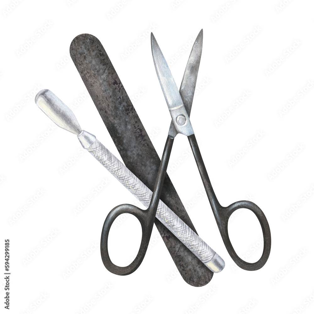 Watercolor illustration. A set of tools for manicure. Scissors, nail ...