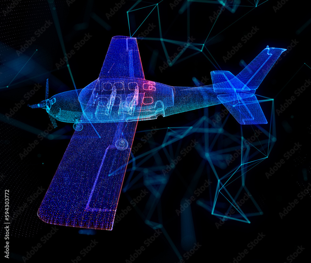 3d airplane. Digital airliner and world map concept in dark blue ...