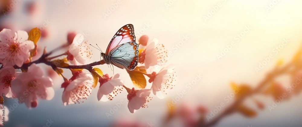 Butterfly flying through cherry blossom flowers wallpaper, nature, sun ...