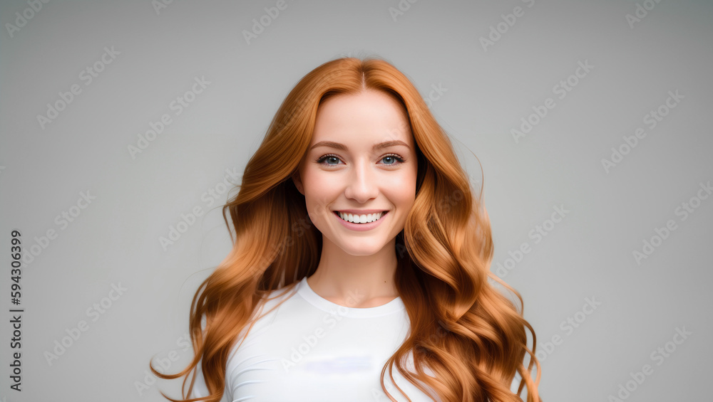 Adult female with ginger hair smiling into a camera. Isolated ...