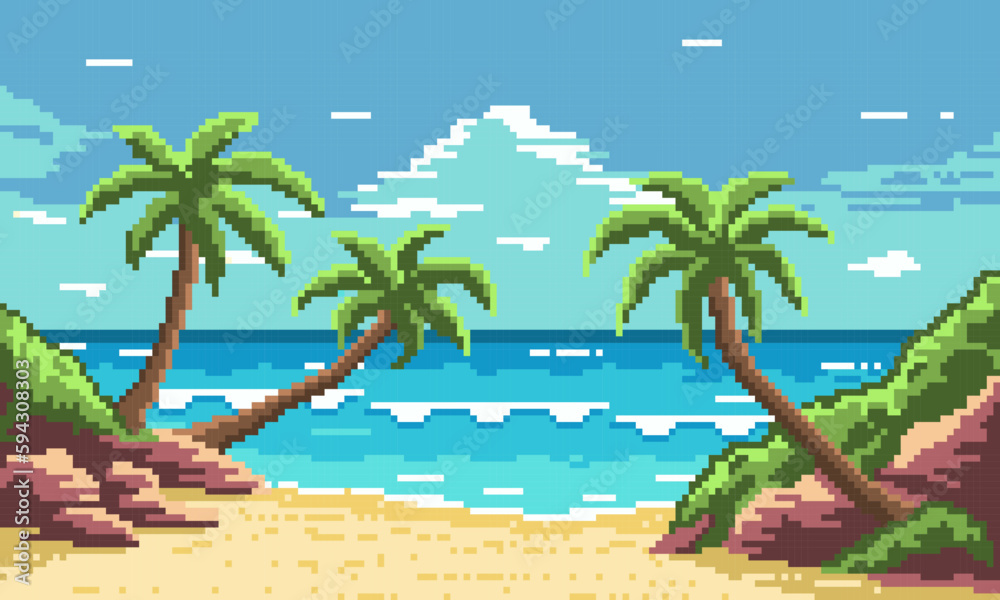 Pixel tropical beach with palm trees background. Blank yellow sandy ...