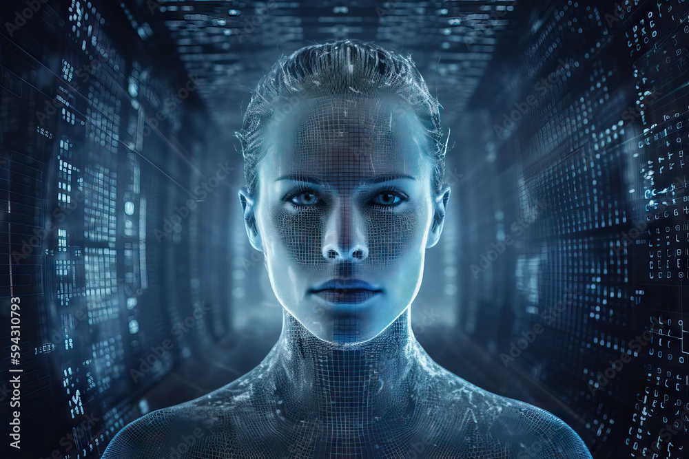 Generative AI illustration of unrecognizable female with glowing ...