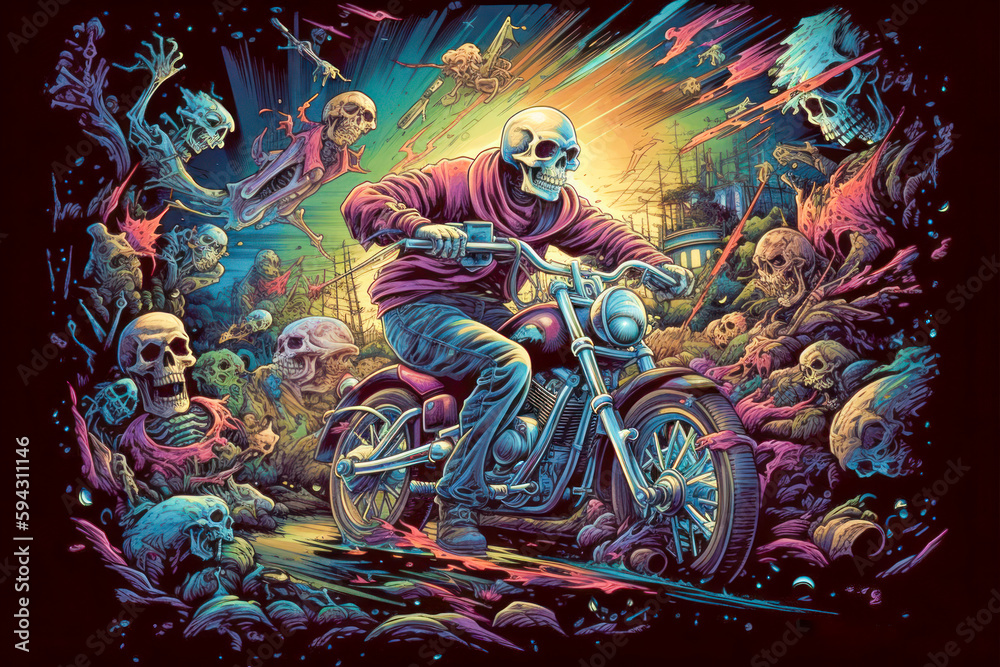 Stylish Skeleton Biker Riding Motorcycle in an Apocalyptic World of ...