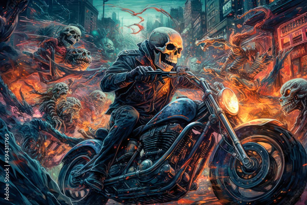 Stylish Skeleton Biker Riding Motorcycle in an Apocalyptic World of ...