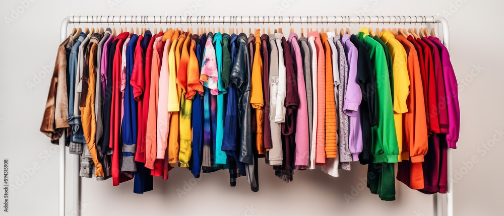 Fashion clothes on clothing rack - bright colorful closet. Closeup of ...