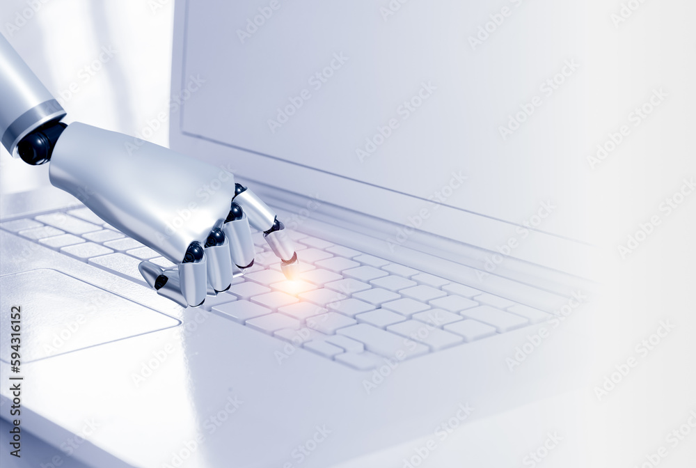3d rendering smart humanoid robot's hand touching finger on empty key ...